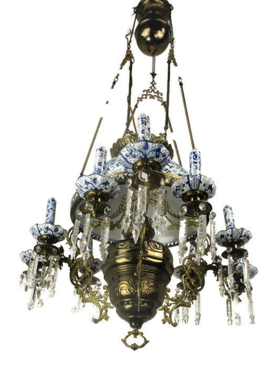 Antique Delft Blue White Porcelain Brass Chandelier Dutch 1 Light ...