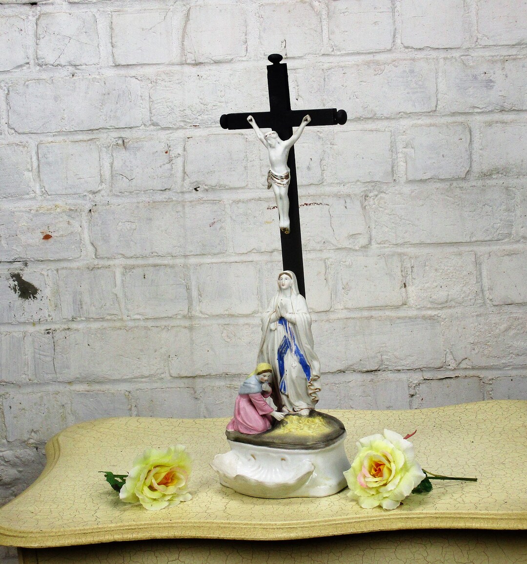 Antique Porcelain Crucifix Christ Holy Water Font Calvary Mary ...