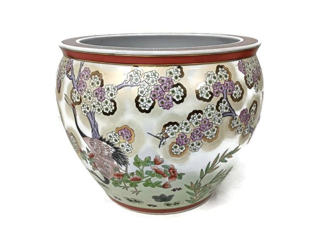 Vintage Chinese Porcelain Koi Fish Bowl Planter Vase Cachepot Flower ...