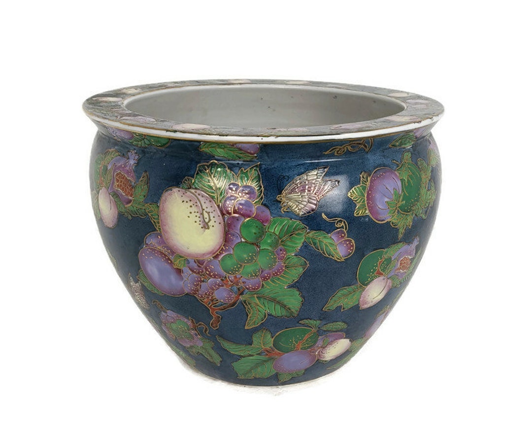 L Vintage Chinese Porcelain Koi Fish Bowl Planter Vase Cachepot Flowers ...