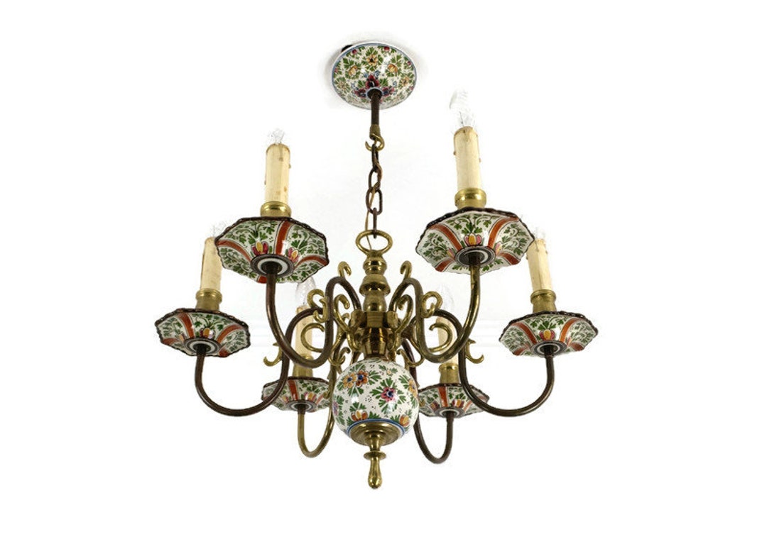 Chandelier 6 Lights Fixture Delft Polychrome Marked Bronze Porcelain ...