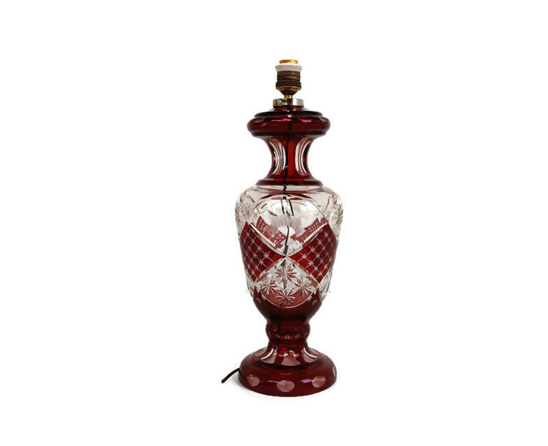 Red Cut to Clear Bohemian Art Glass Desk Table Lamp Gorgeous Ruby Red ...