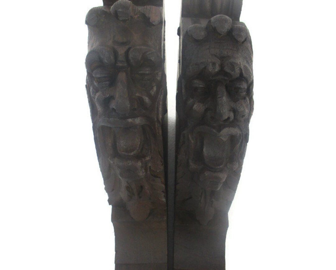 Gothic Satyr Antique Pair Corbels Hand Carved Wood Architectural ...