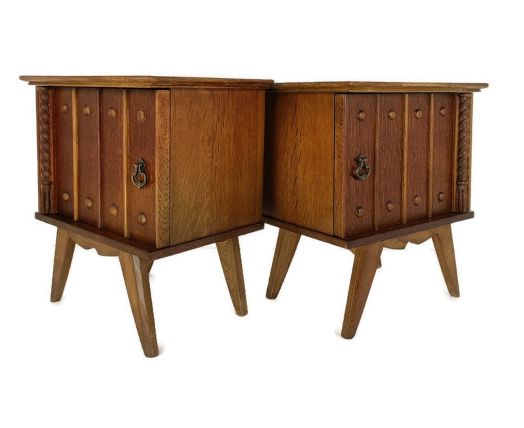 Vintage Modernist Pair Couple of Nightstands End Tables Cabinets Carved ...