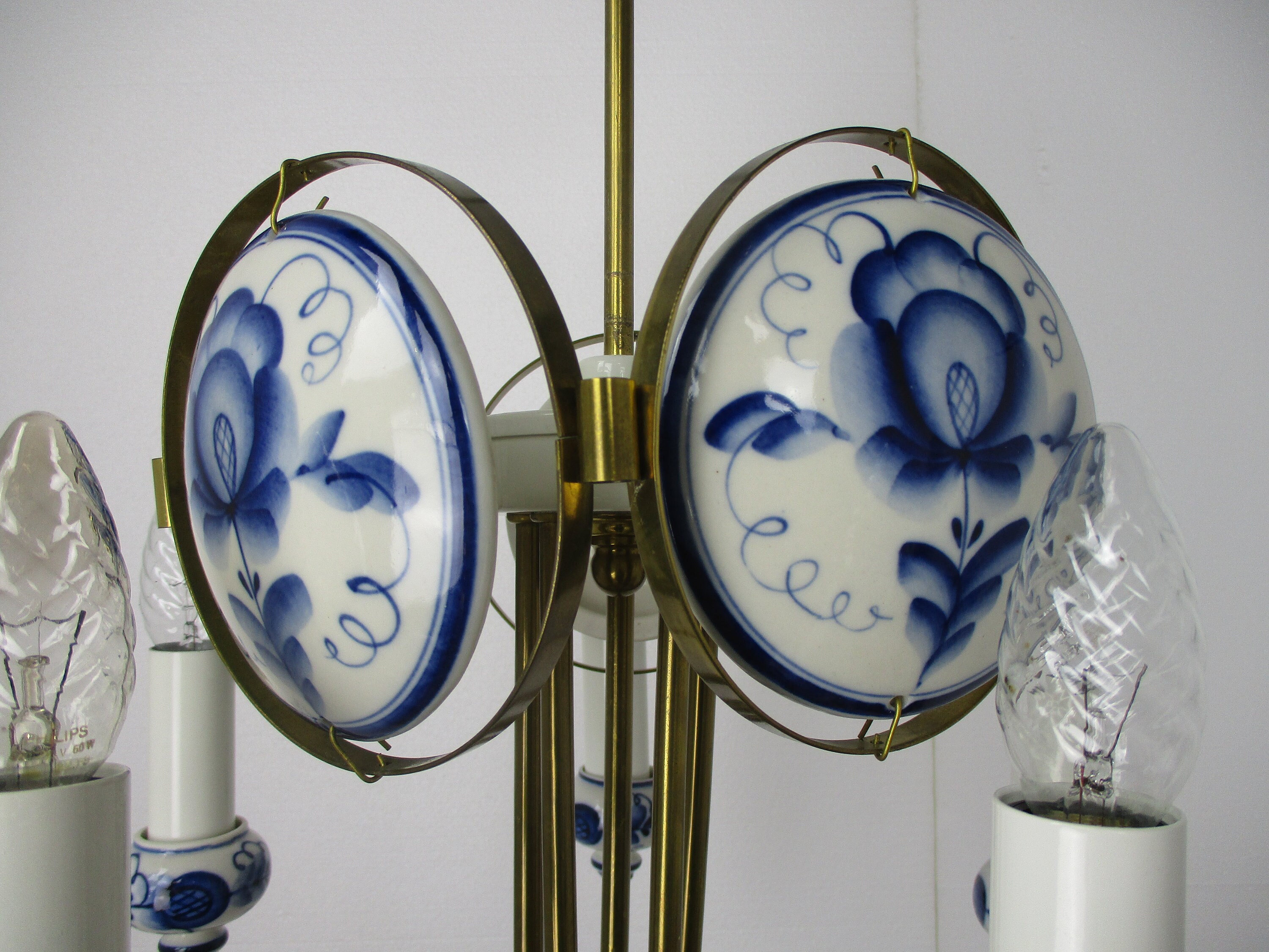 Delft Blue White Porcelain Brass Chandelier Dutch 5 Arm Lights HTF ...