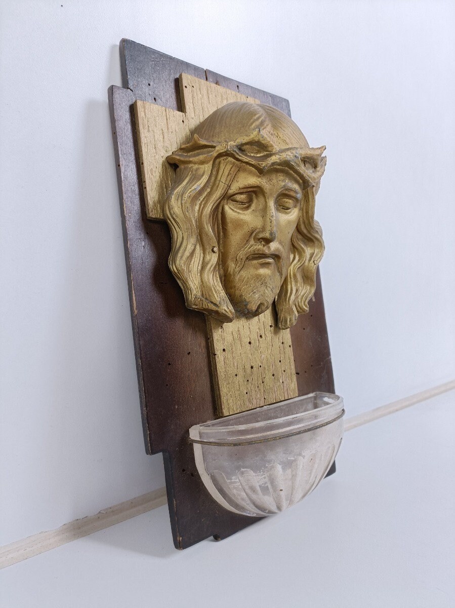 Large Holy Water Font Glass Wooden Back Jesus Head of Thorns Art Deco ...