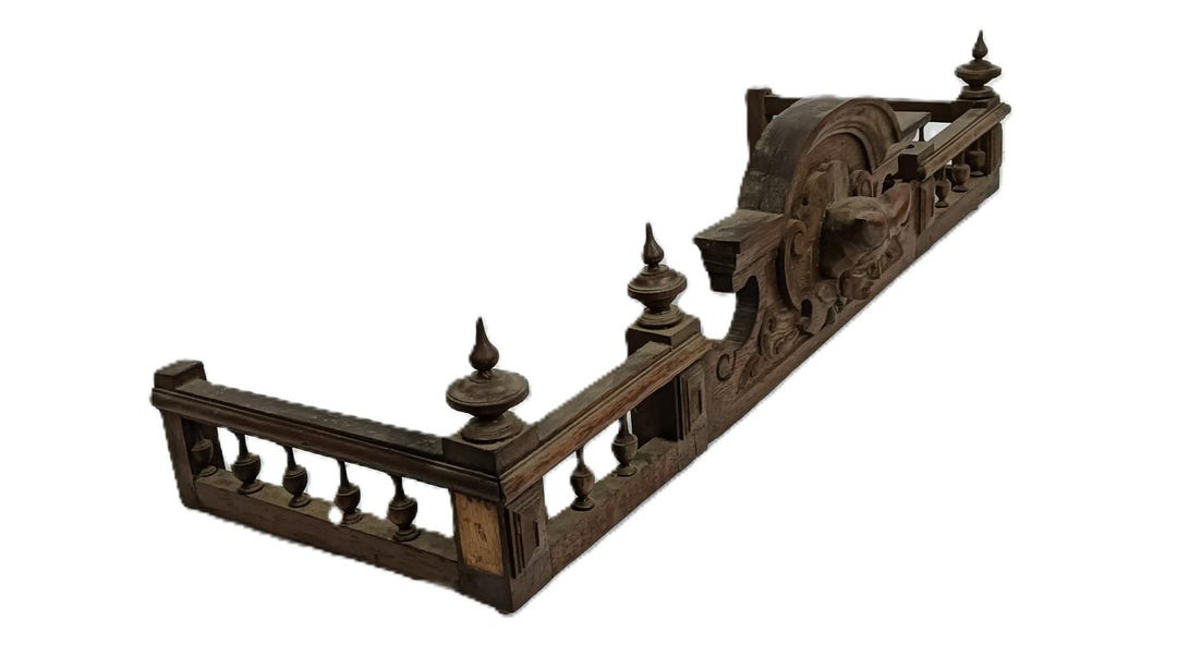Large Antique Pediment Over Door Spindles Jester Carved Wood Side ...