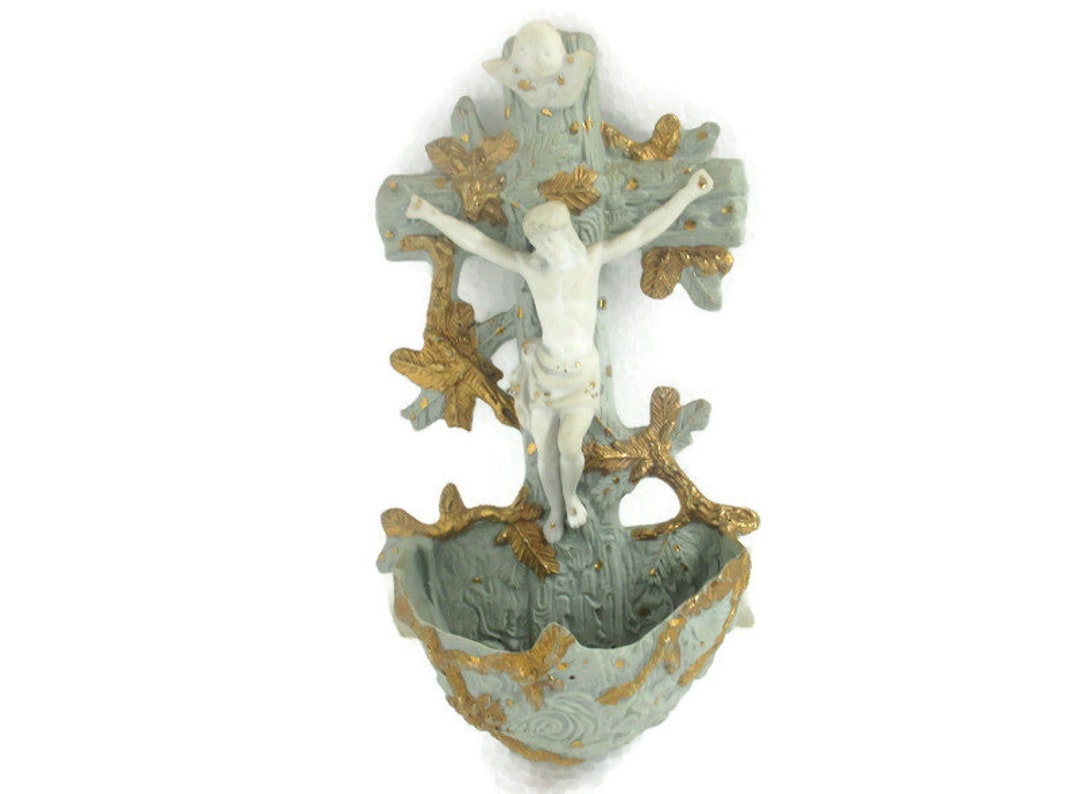 Holy Water Font Vessel Infant Jesus Christ Crucifixion Bisque HTF ...