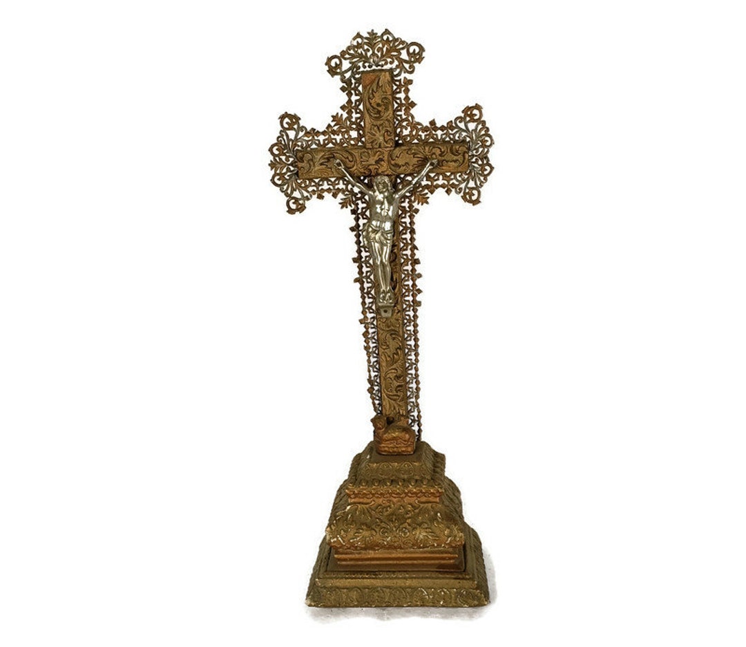 Antique Standing Crucifix Cross Plaster Ormulu Lamb of God Beautiful ...