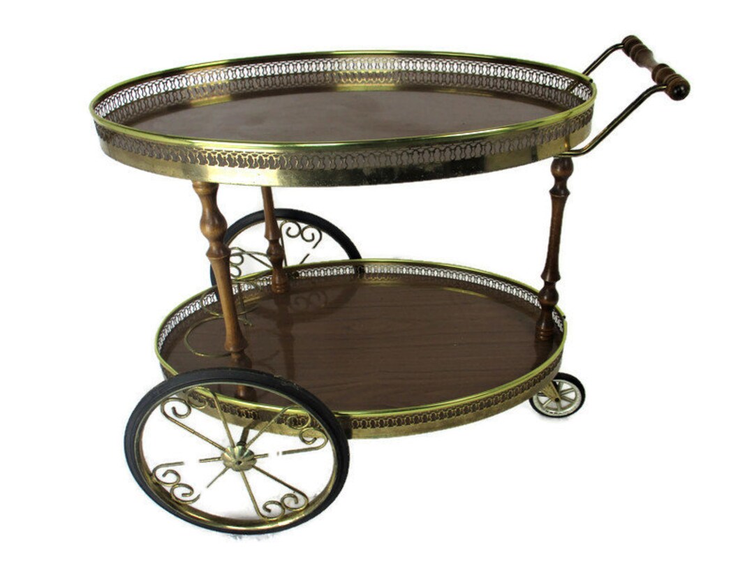 Oval Bar Cart Trolley Cocktail Kitchen Island Tray Hollywood Regency ...
