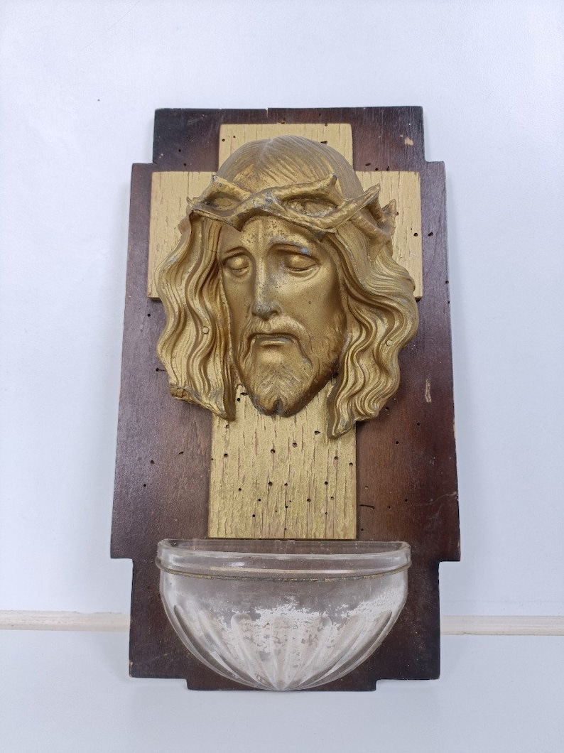 Large Holy Water Font Glass Wooden Back Jesus Head of Thorns Art Deco ...