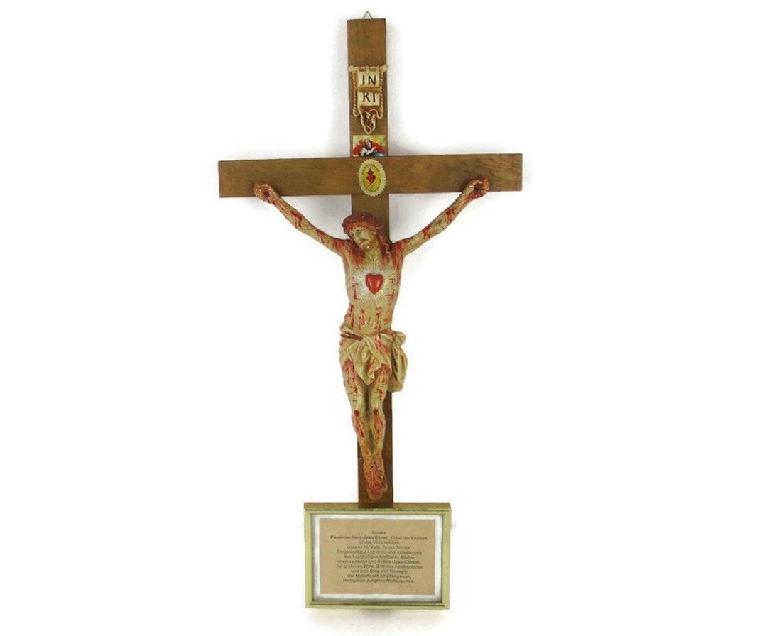 XL Wood Hanging Church Crucifix Plaster Corpus Dramatic Holy Heart ...