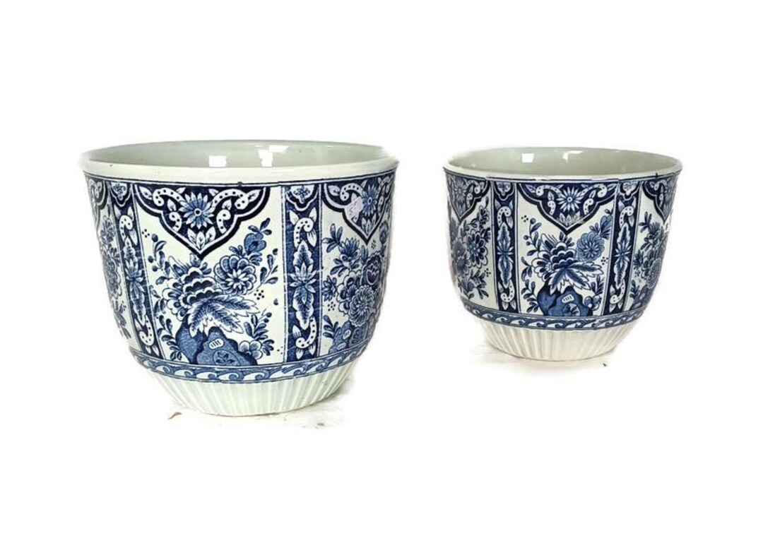 Set of 2 Boch Royal Sphinx Delft Blue White Flower Pot Fit Together ...