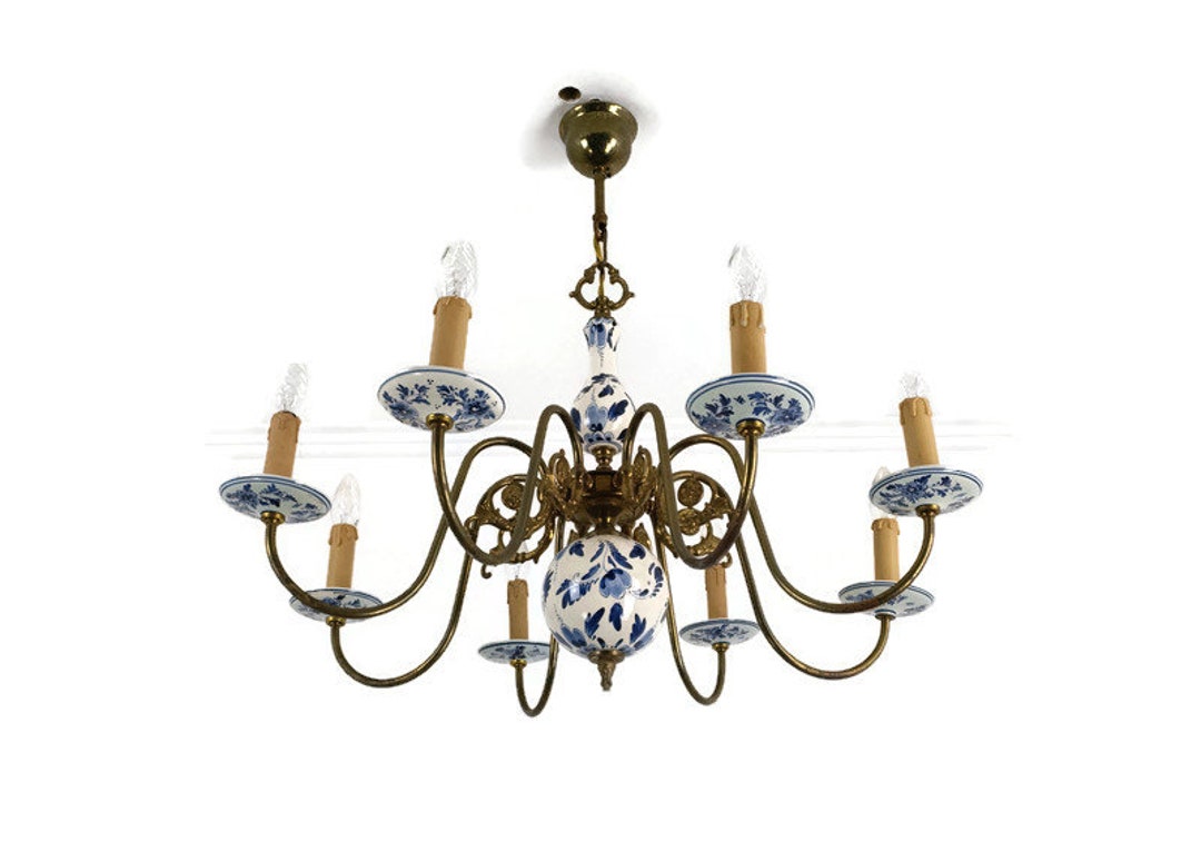 Chandelier 8 Lights Arms Fixture Delft Blue White Brass Porcelain ...