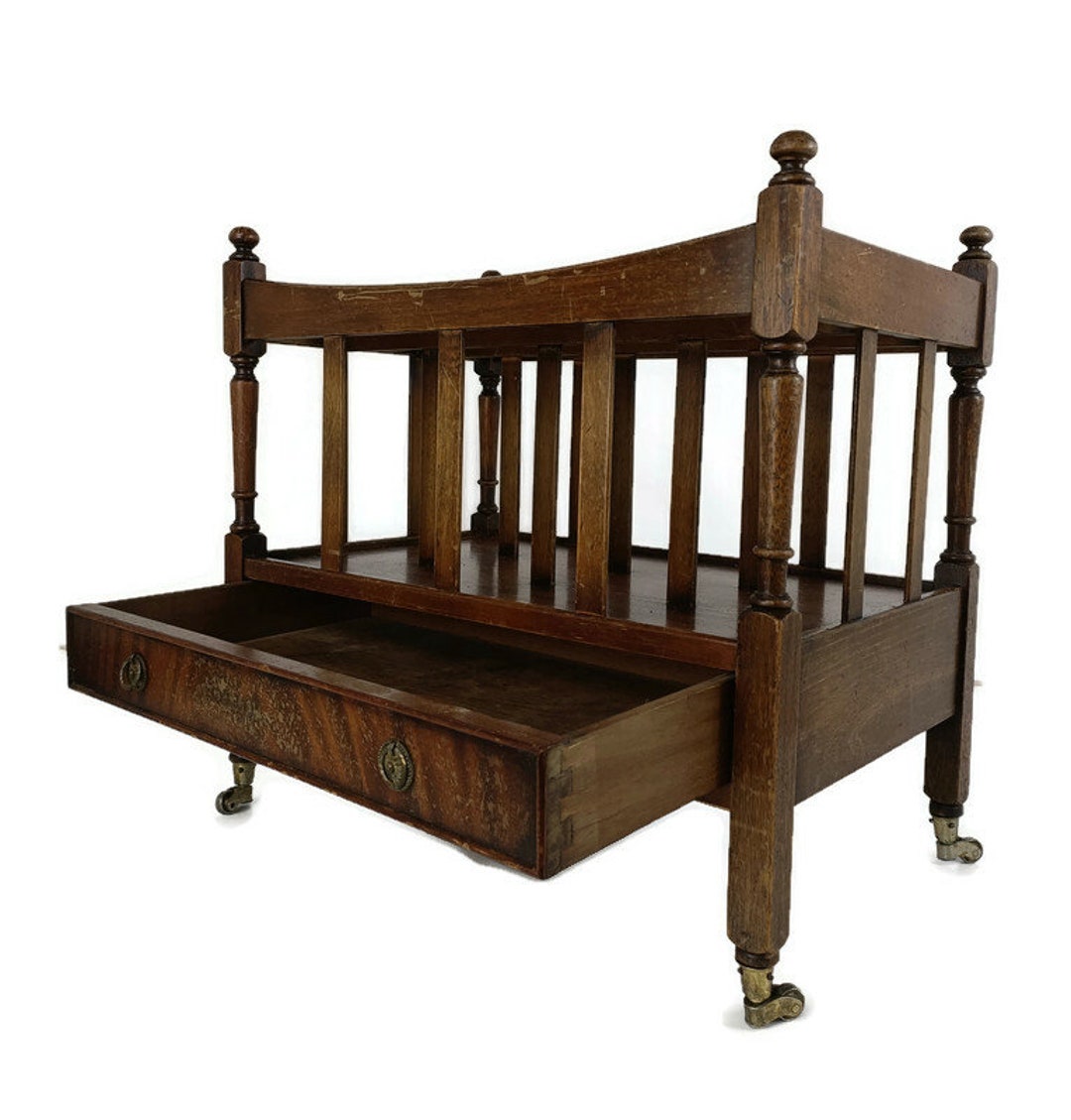 Carved Wooden Magazine Rack Newspaper Basket on Wheels English Regency ...