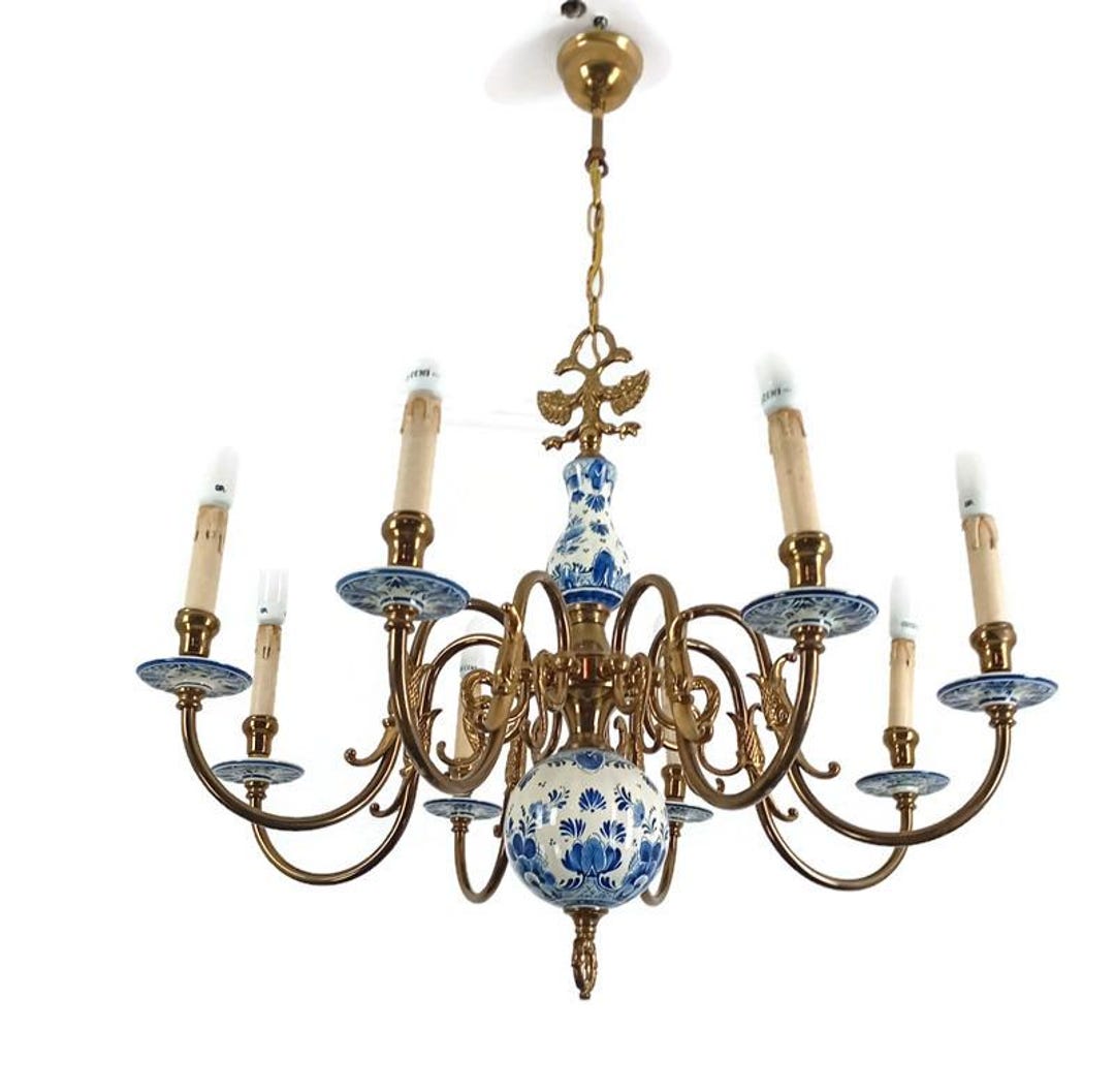 L Dutch Delft Blue White Chandelier Porcelain Ornate Brass 8 Lights ...