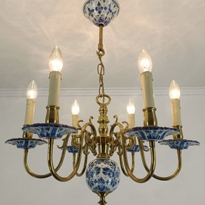 Chandelier 6 Lights Fixture Delft Blue White Marked Bronze Porcelain ...