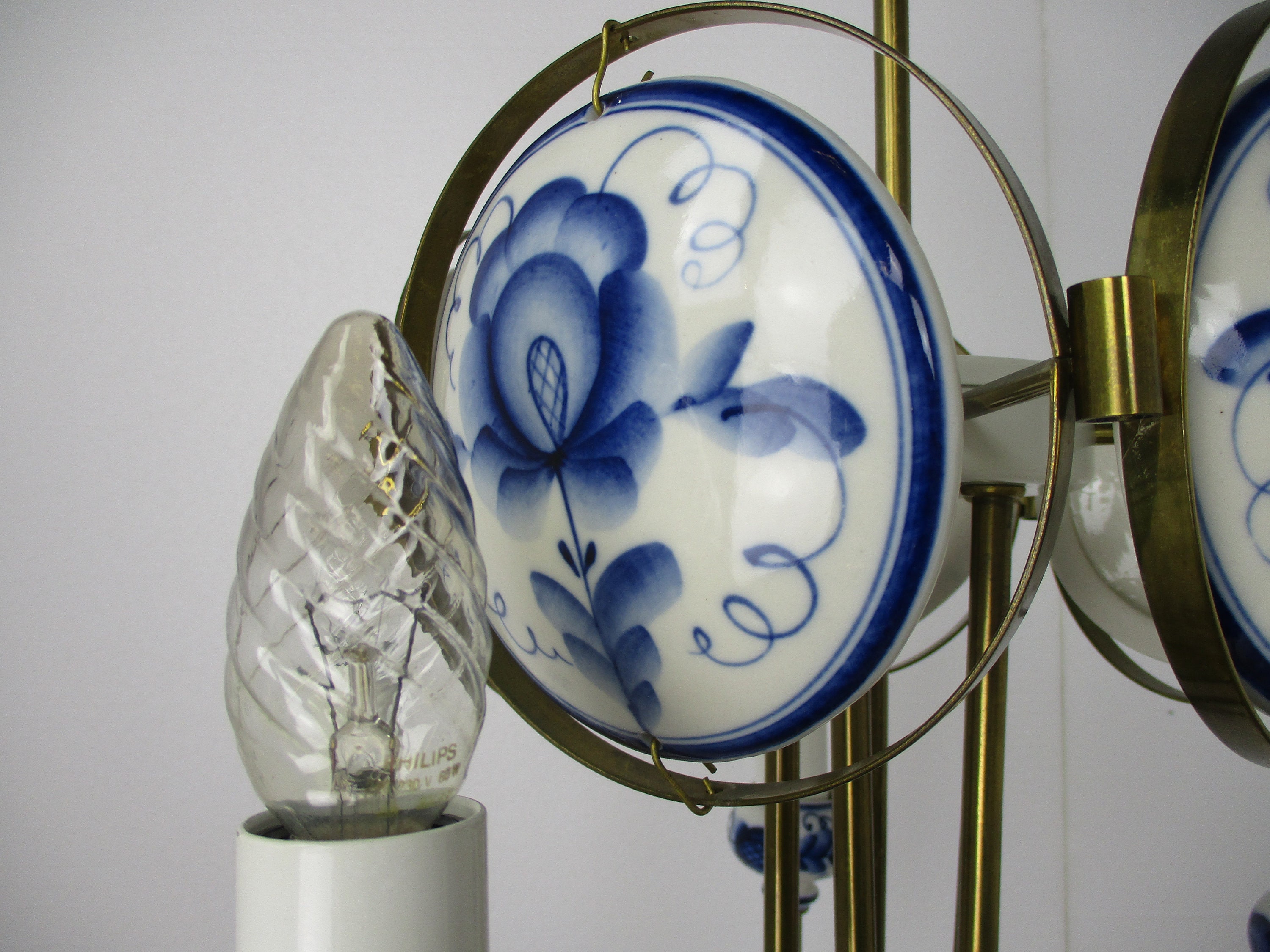 Delft Blue White Porcelain Brass Chandelier Dutch 5 Arm Lights HTF ...