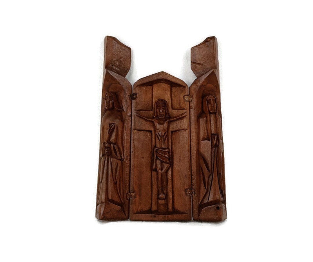 Vintage Triptych Handmade Hand Carved Travel Icon Crucifixion Apostles ...