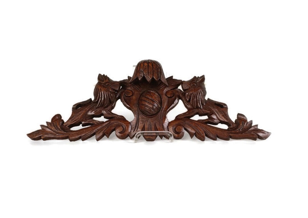 Hand Carved Ornate Antique Pediment Over Door Wood Animals Foxes ...