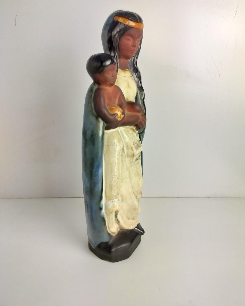 French Majolica Pottery Faience Statue Glazed Polychrome Madonna Virgin ...