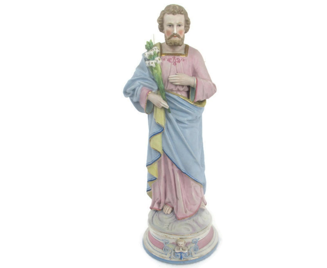 Antique Porcelain Bisque Statue Saint Joseph Angel Lilies Protector of ...