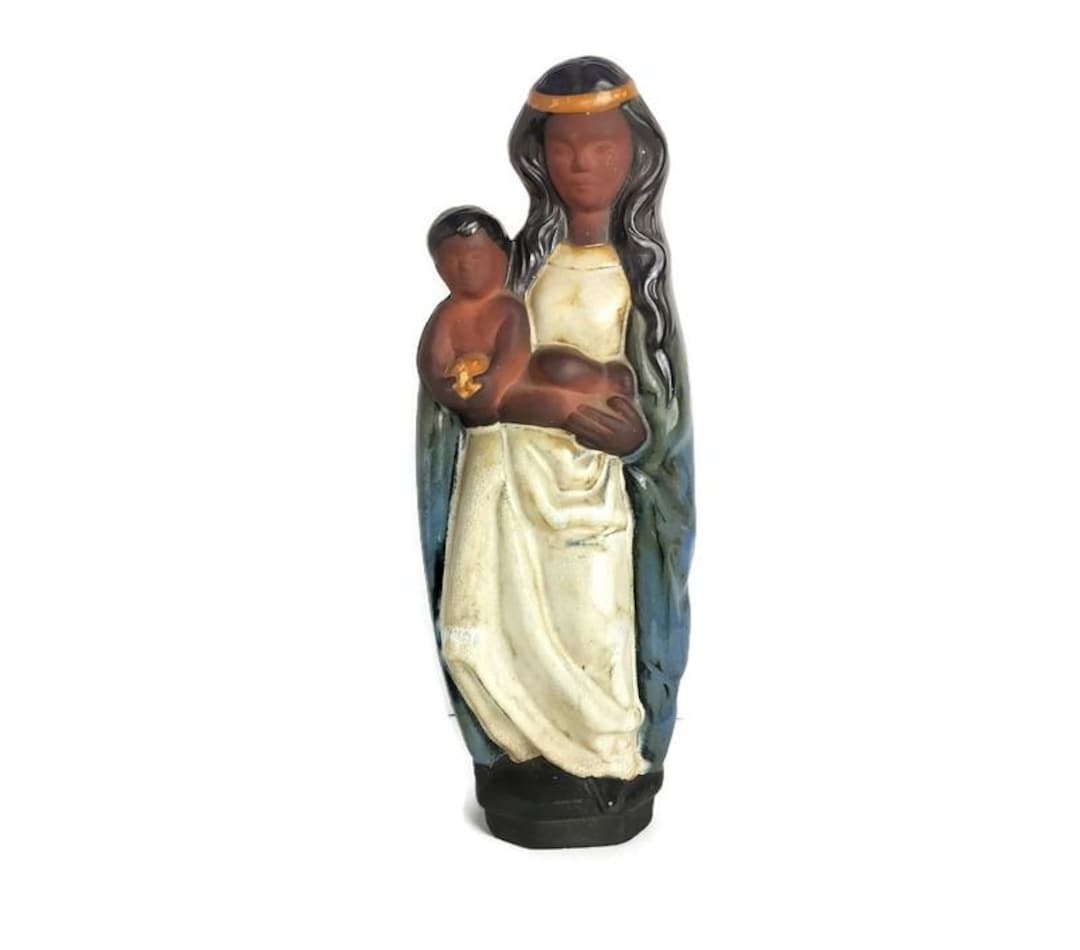 French Majolica Pottery Faience Statue Glazed Polychrome Madonna Virgin ...