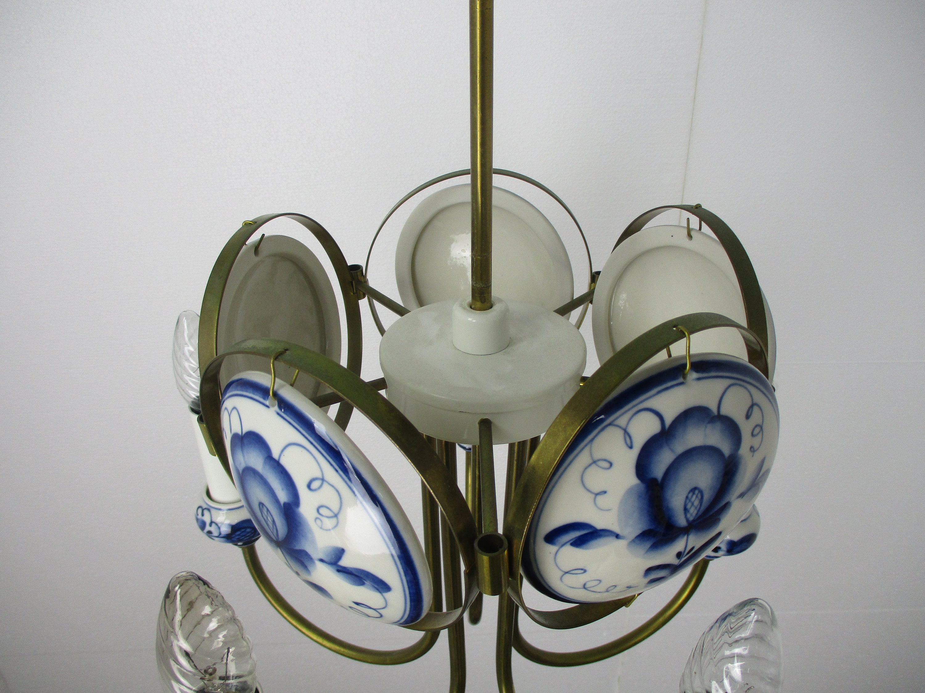 Delft Blue White Porcelain Brass Chandelier Dutch 5 Arm Lights HTF ...