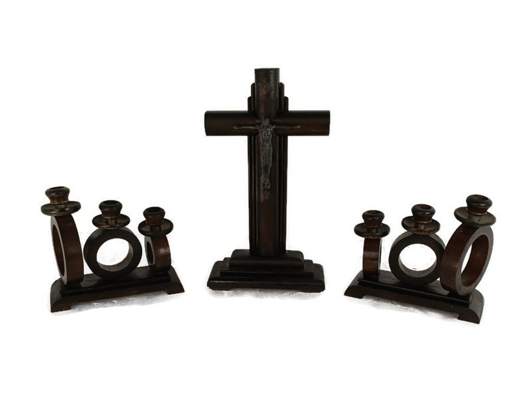 3 Piece Ornate Altar Set Art Deco Wood Brass Crucifix Candelabras ...