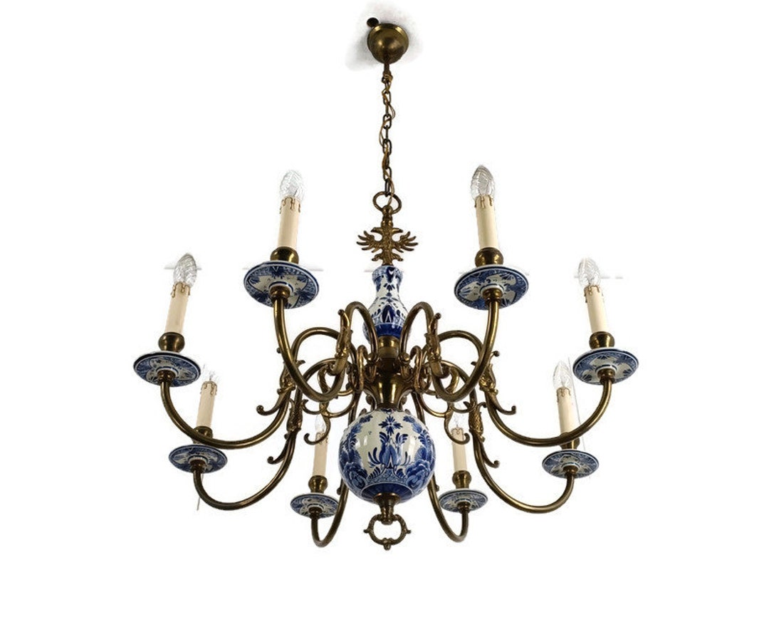 L Dutch Delft Blue White Chandelier Porcelain Ornate Brass 8 Light Arms ...