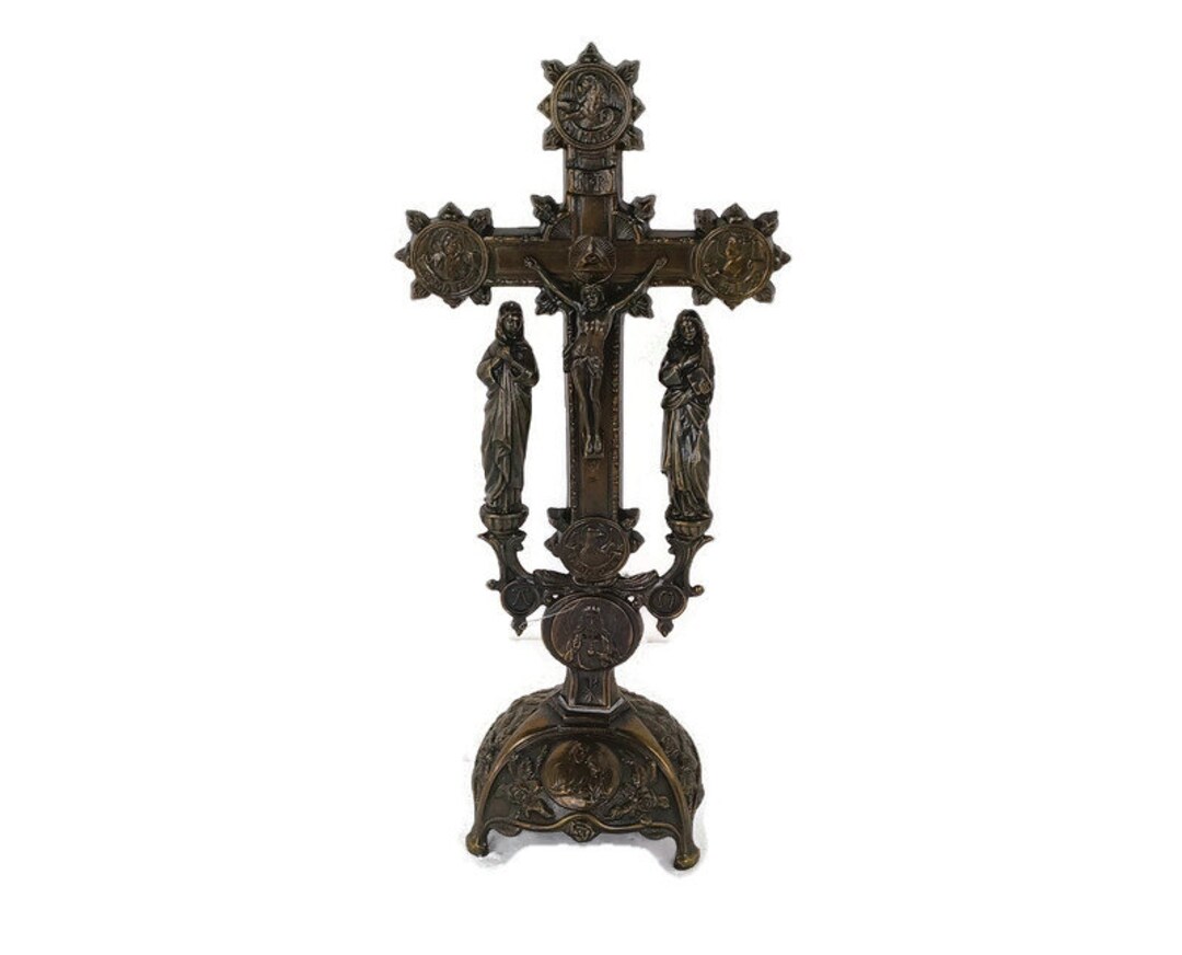 Vintage Ornate Faux Brass Standing Crucifix 4 Evangelists Calvary ...