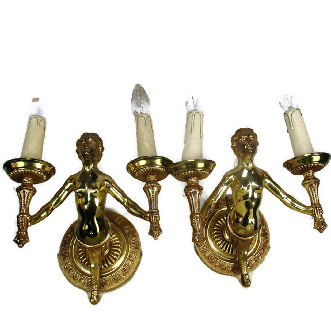 XL Vintage Brass Two-arm Double Wall Sconces Mythical Creature Mermaids ...