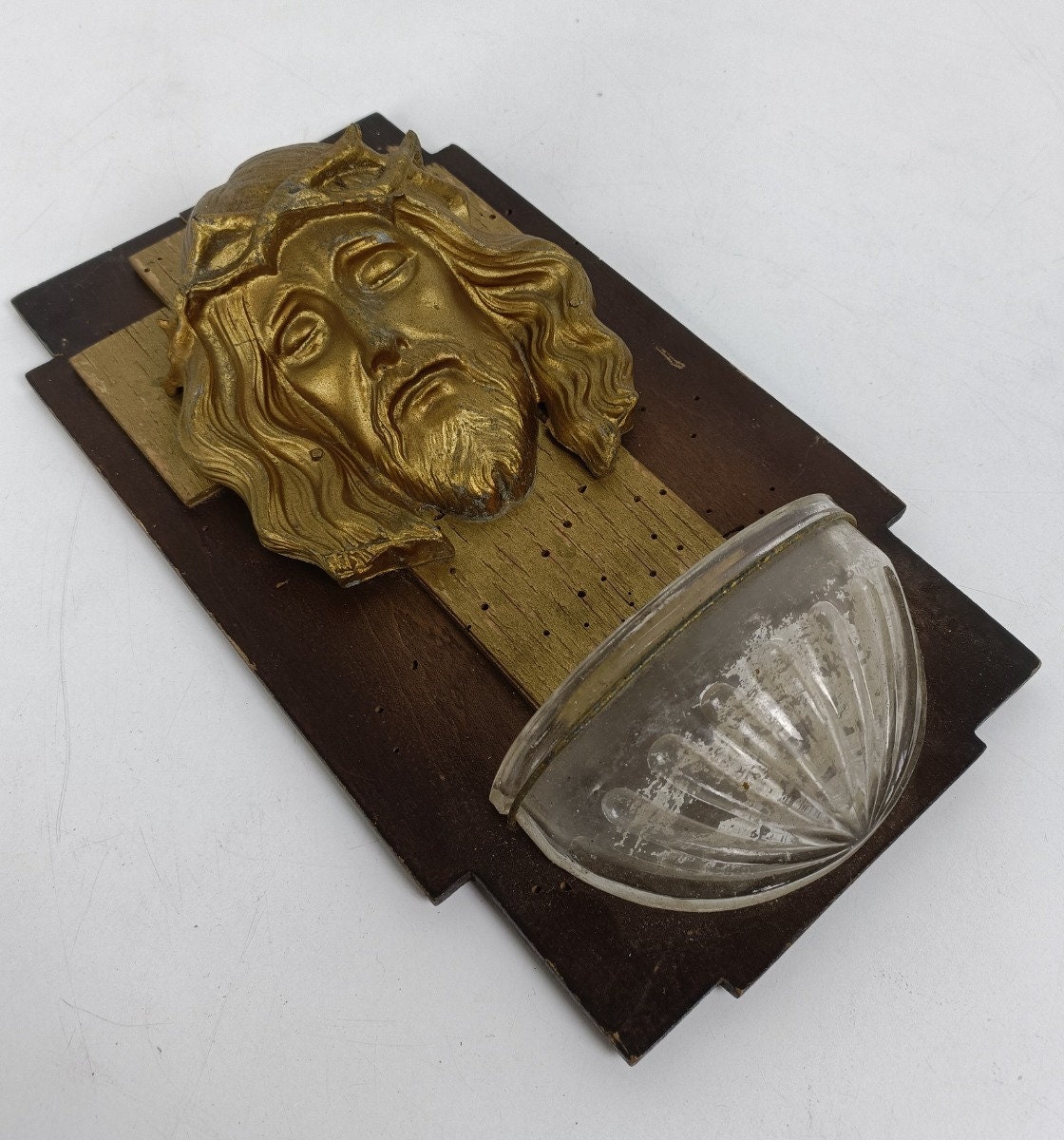 Large Holy Water Font Glass Wooden Back Jesus Head of Thorns Art Deco ...