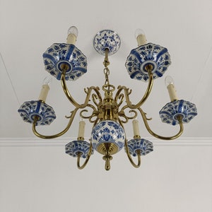 Chandelier 6 Lights Fixture Delft Blue White Marked Bronze Porcelain ...