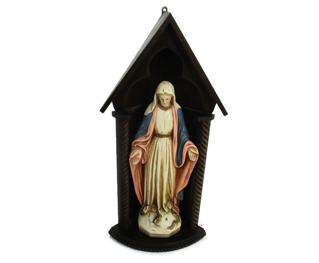 Hand Carved Wooden Chapel Niche With Statue Virgin Treading on Snake ...