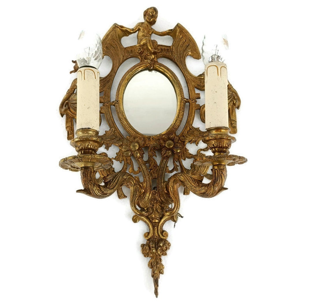 Double Wall Sconce Light Rococo Ornate Brass Angel Women Mythology ...