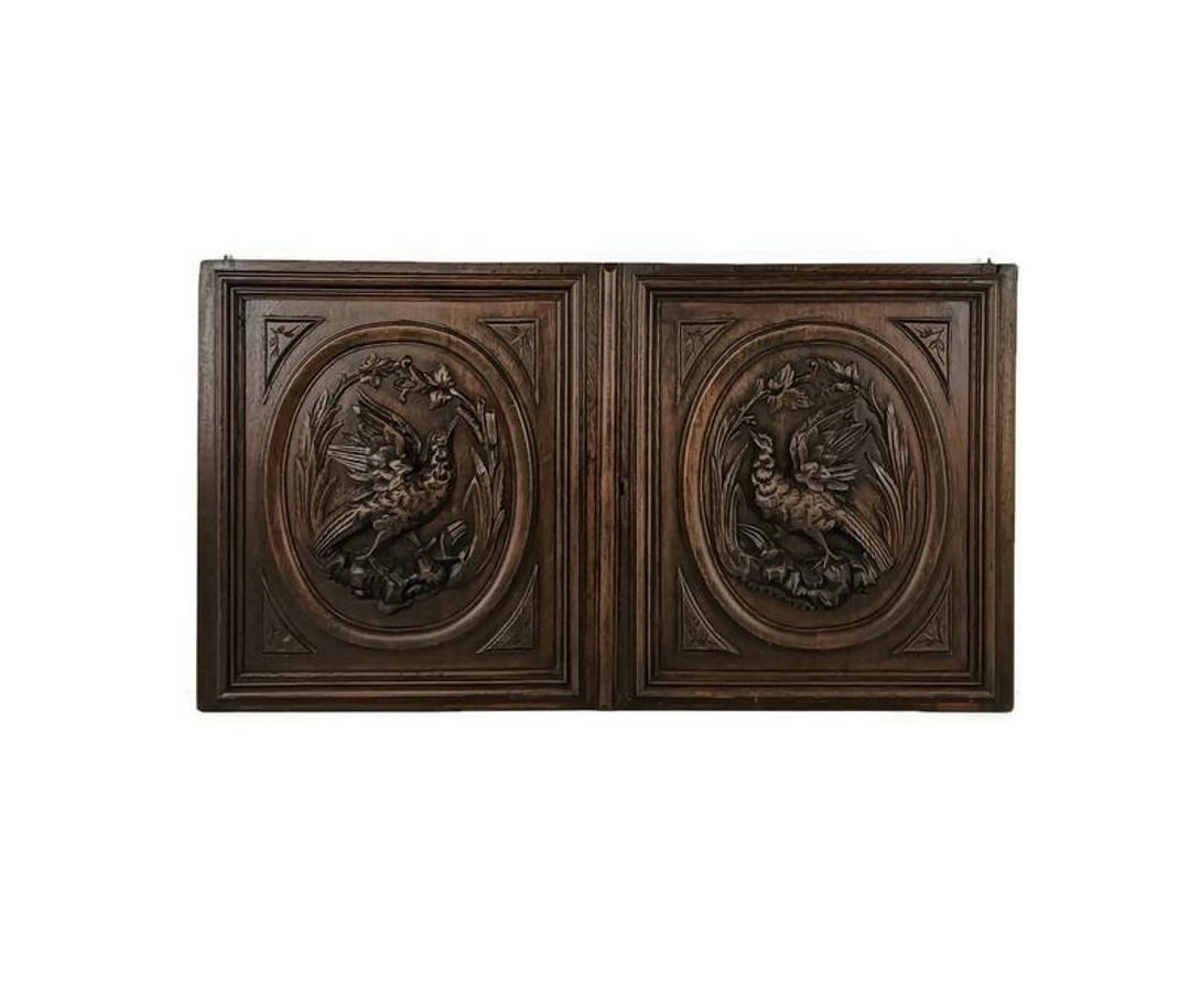 Pair Antique Door Panels Carved Wood Hunt Pheasants Architectural ...