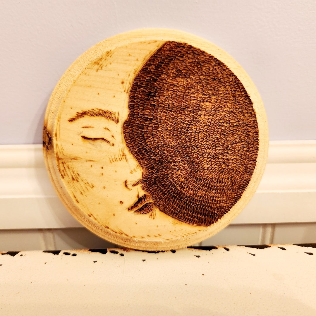 Moon, Pyrography, Folk Art, Moon Art, Cottagecore Decor, Zodiac Art ...
