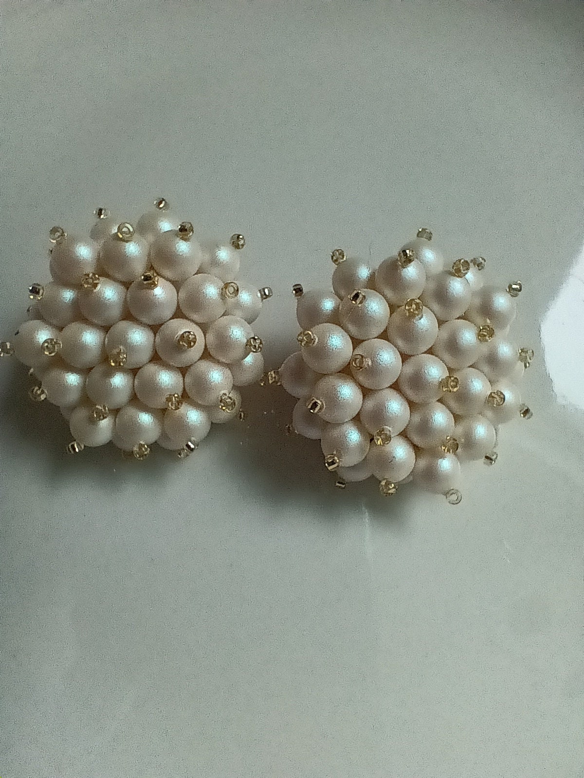Gold Accents Large Pearlescent White Crystal Pearl Cluster Stud ...