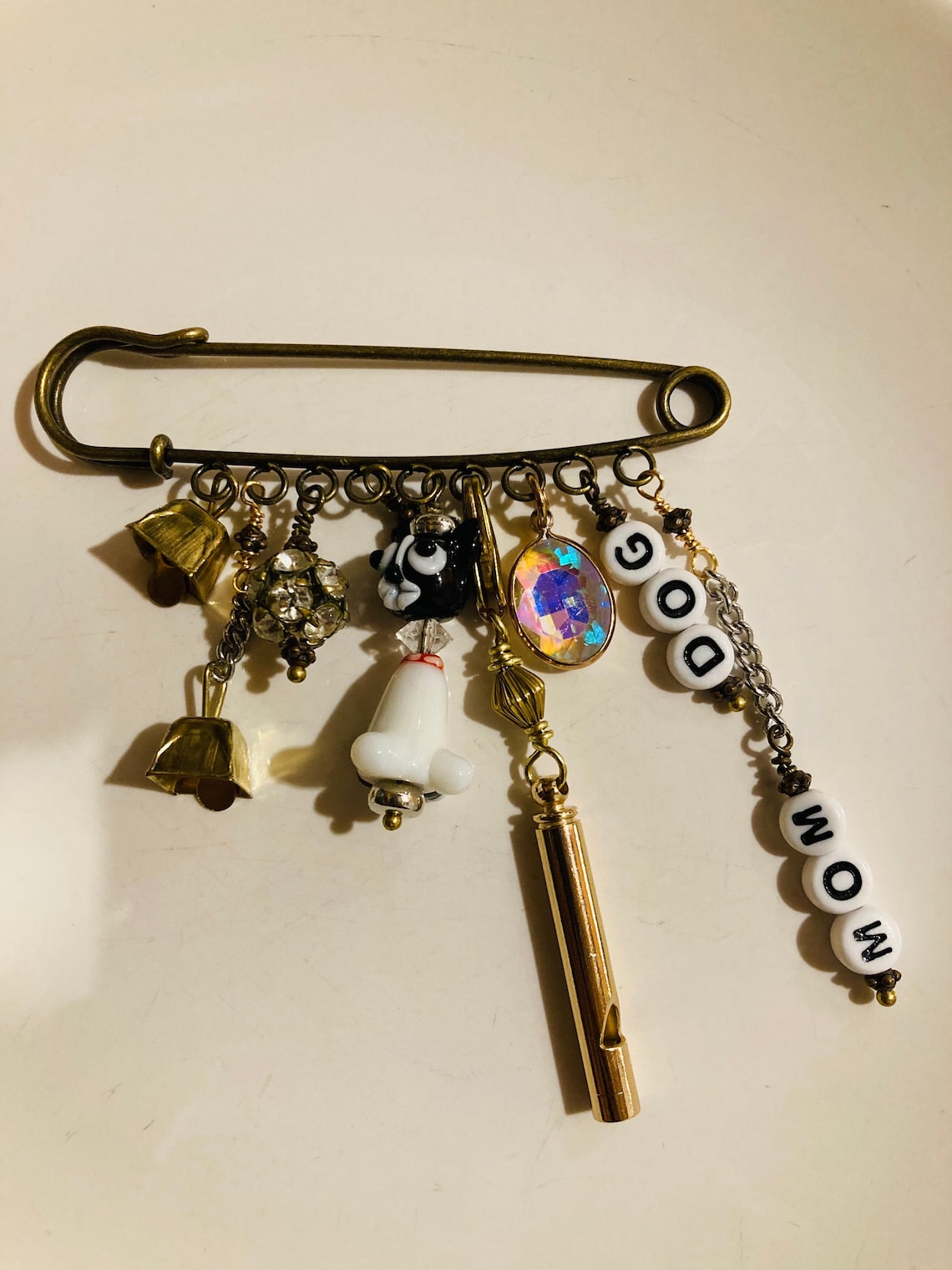 Bells and Whistles Dog Mom Trinket Brooch, Beaded Safety Pin Brooch - Etsy