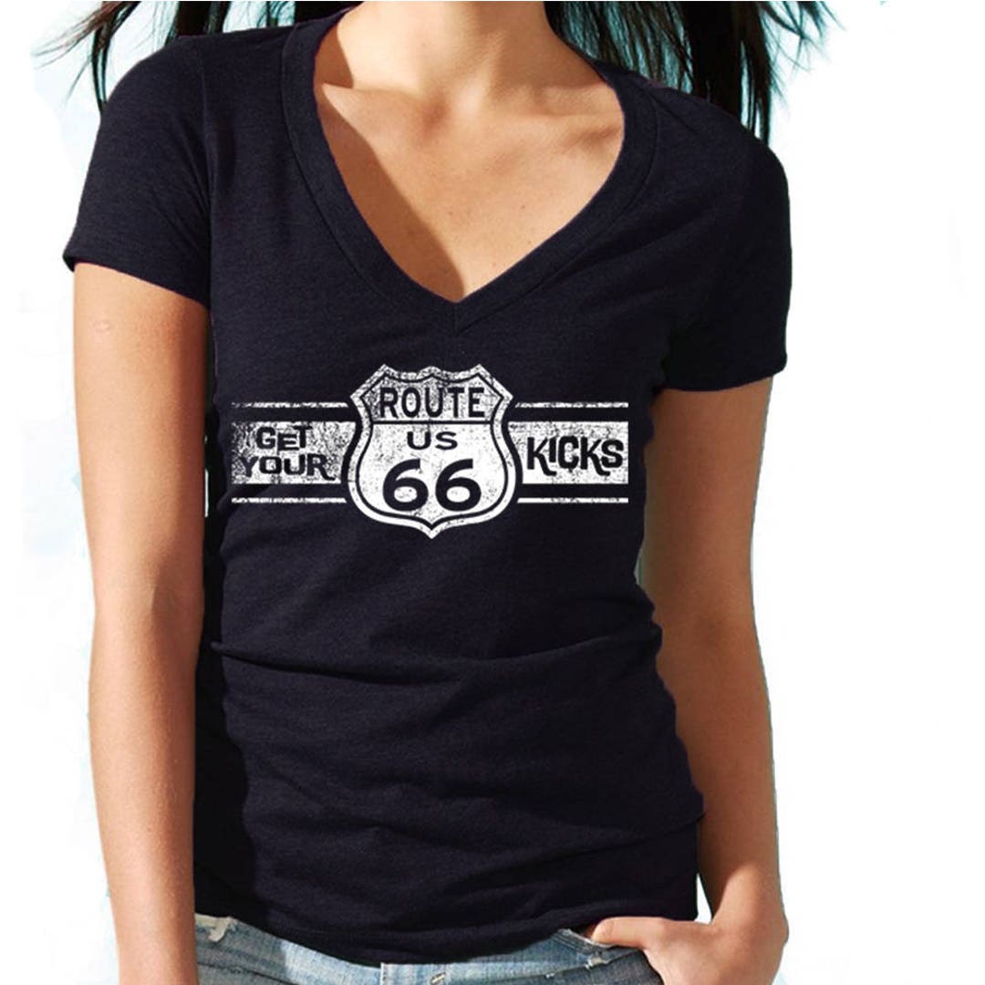 WHITE Route 66 Lady VNECK TSHIRT Route Us 66 Get Your Kick Womens Vneck ...