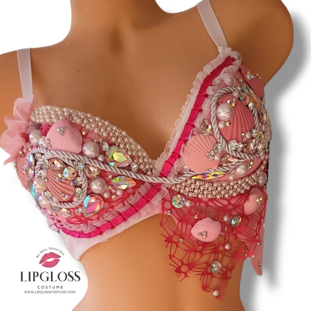 Pink Mermaid Bra, Seashell Bra, Handmade Custom Bra, Rave Top, Women's Halloween Bra, Festival ...