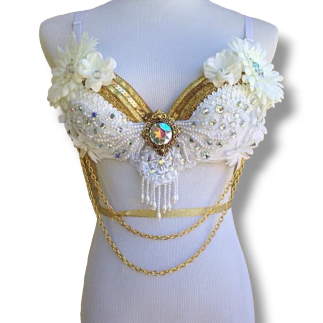 White Daisy Rhinestone Rave Bra, Cute Pixie Sprite EDC Bra, Handmade ...