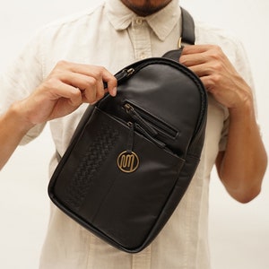 Men Genuine Soft Leather Shoulder Messenger Backpack Sling Woven Bag ...