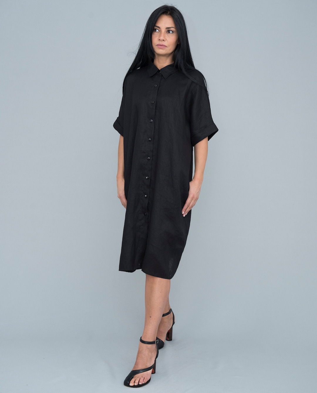 Plus Size Long Shirt Dress With Short Sleeves, Knee Length Buttoned ...