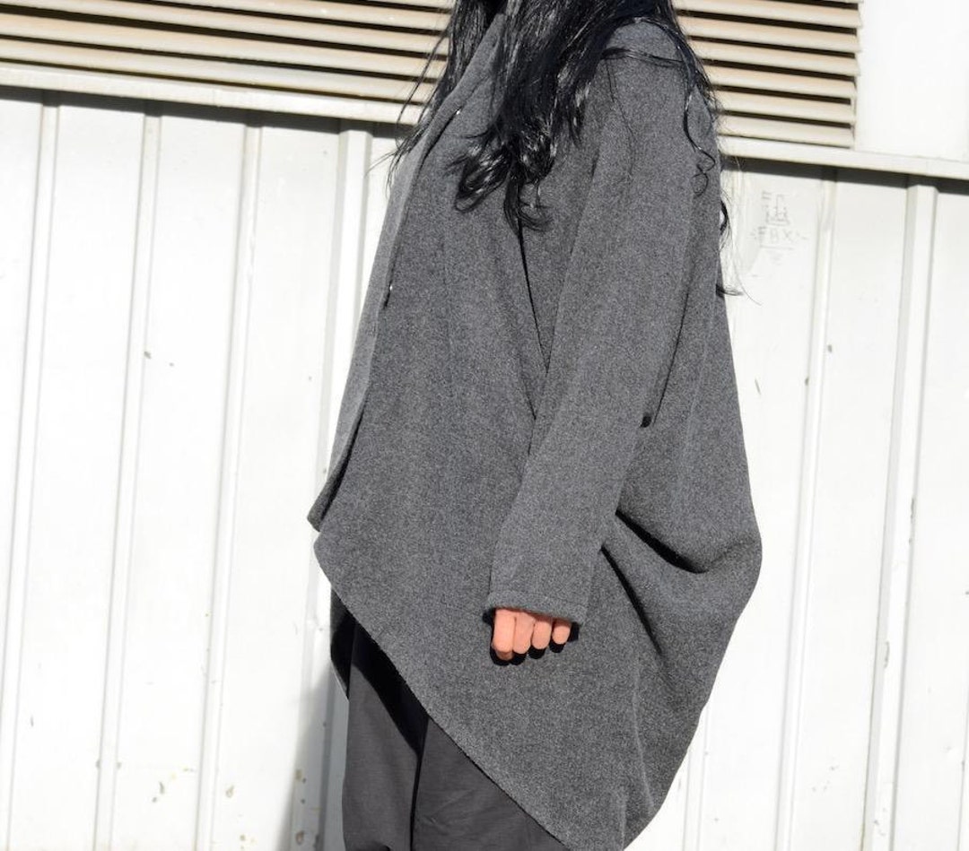 Grey Asymmetric Jacket With Button, Long Oversize Wool Wrap Coat, Woman ...