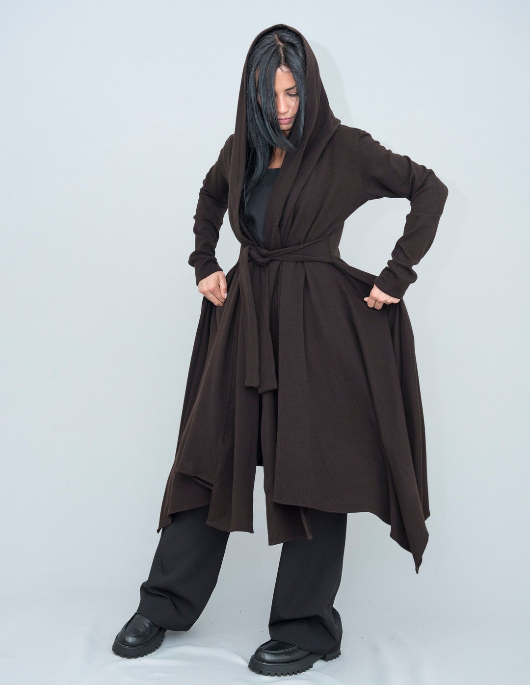 Dark Brown Plus Size Fantasy Cloak With Long Sleeves, Maxi Long Witch ...