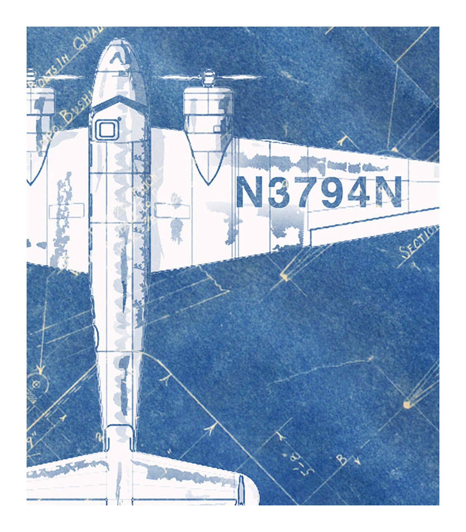 Airplane Print on Blueprint Paper Industrial Art Modern Artwork White ...