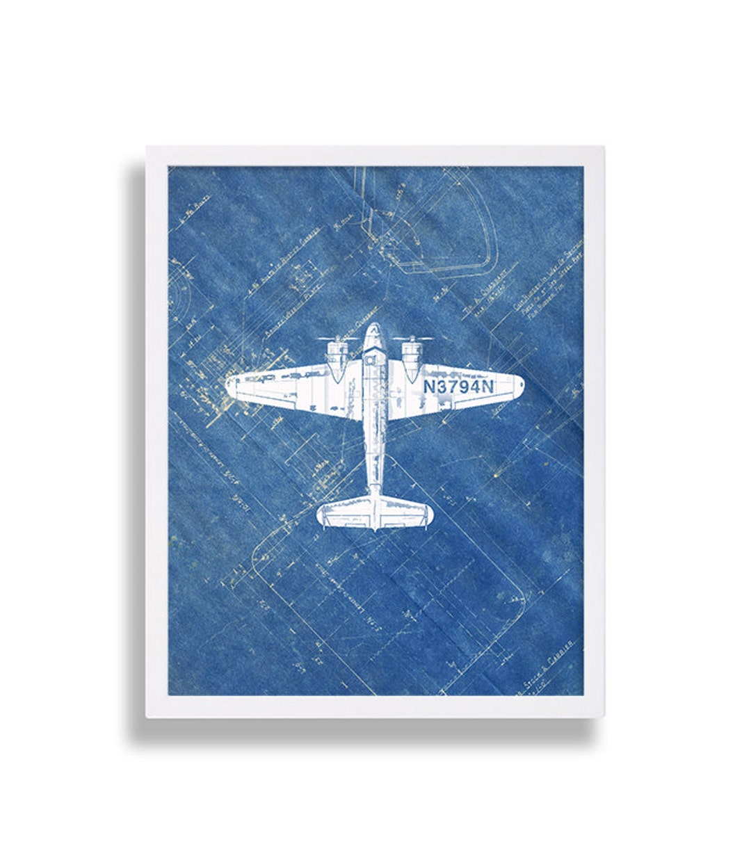 Airplane Print on Blueprint Paper Industrial Art Modern Artwork White ...