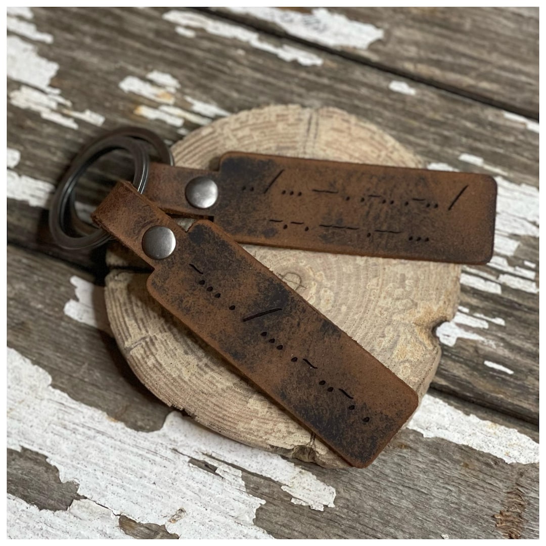 Morse Code Distressed Leather Keychain: Genuine Leather Bag Tag and ...